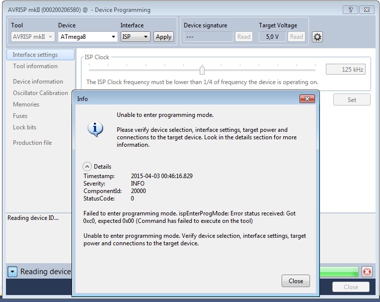 avr atmega8 - atmel studio 6.2 - read device id failed - Mikrocontroller.net